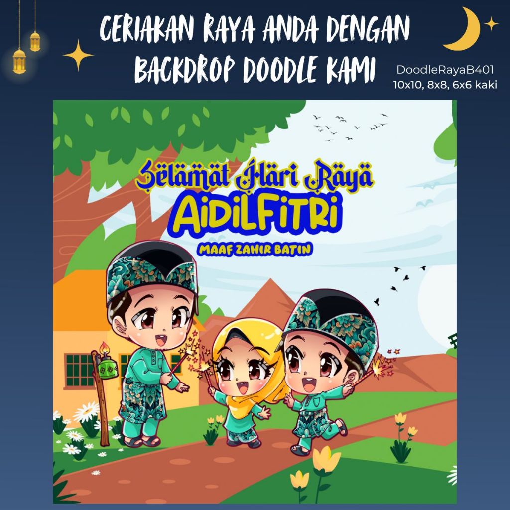 Backdrop RAYA DOODLE 4 Tema Kampung / Hiasan Rumah Terbuka Raya di ...