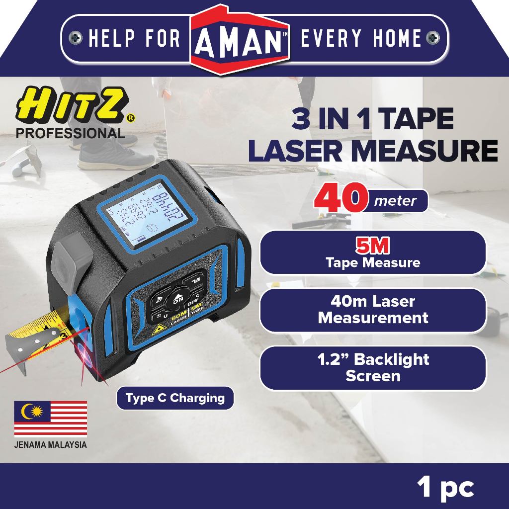 HITZ 3 In 1 Laser Rangefinder Measuring Tape Distance Meter Ruler LCD ...