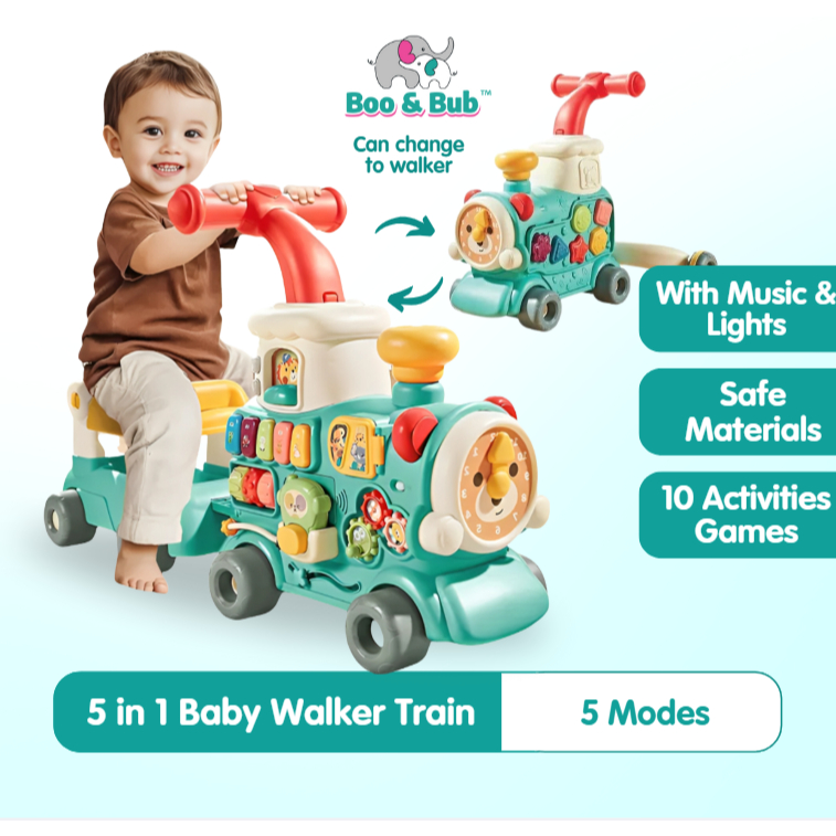 Boo&Bub 5 in1 Baby Walker Train Ultimate Baby Walker Stand-to-Sit ...