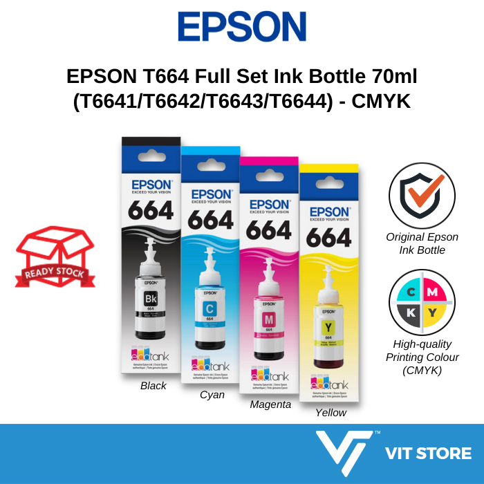 [Original] Epson T664 Refill Ink Bottle 70ML Black T6641 / Cyan T6642 ...