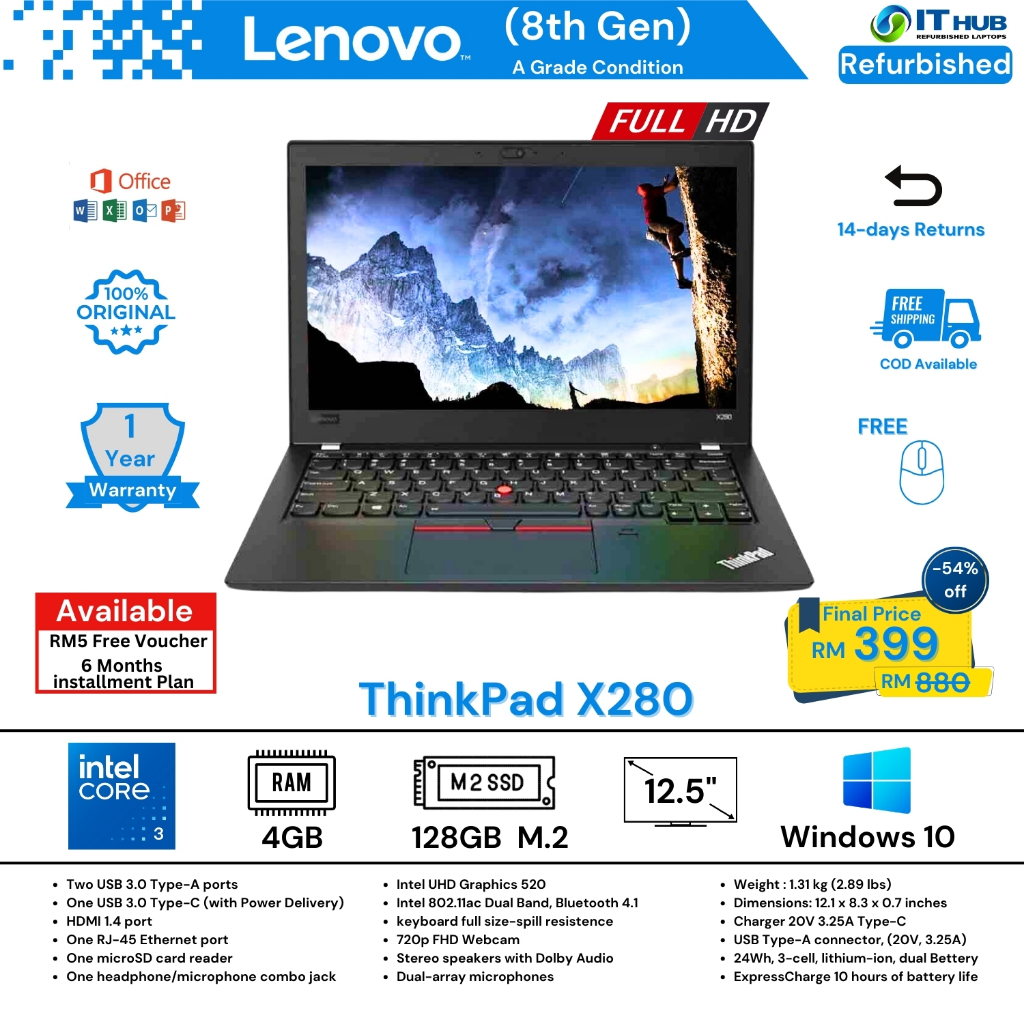 Lenovo ThinkPad X280-core i3-8th-Gen-Windows 11-4GBRAM-128GBSSD-12.5"in ...