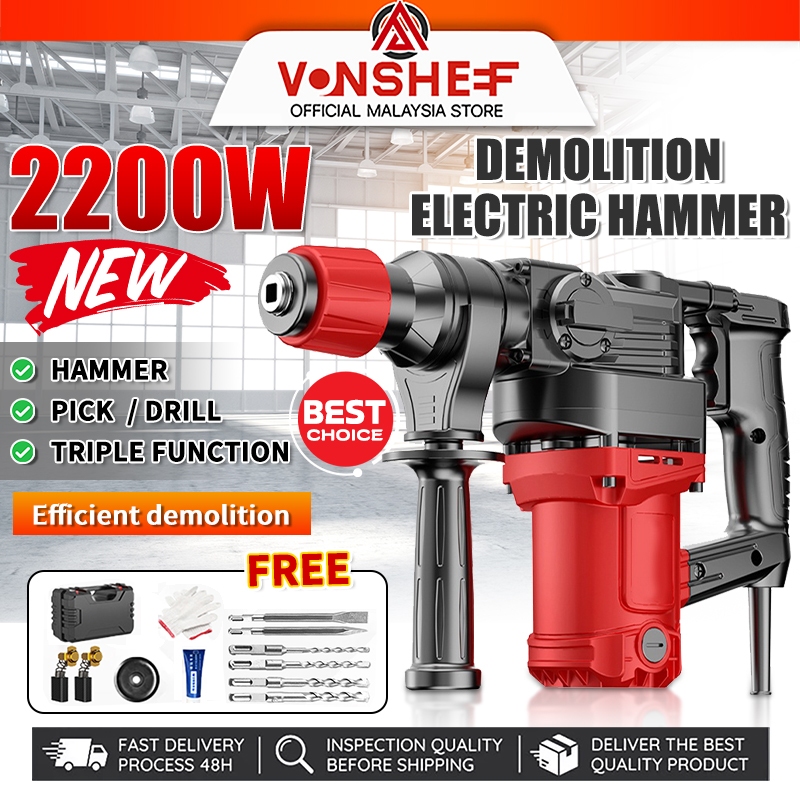 2200W Electric Demolition Rotary Hammer Pick Hammer And Drill Bit Heavy ...