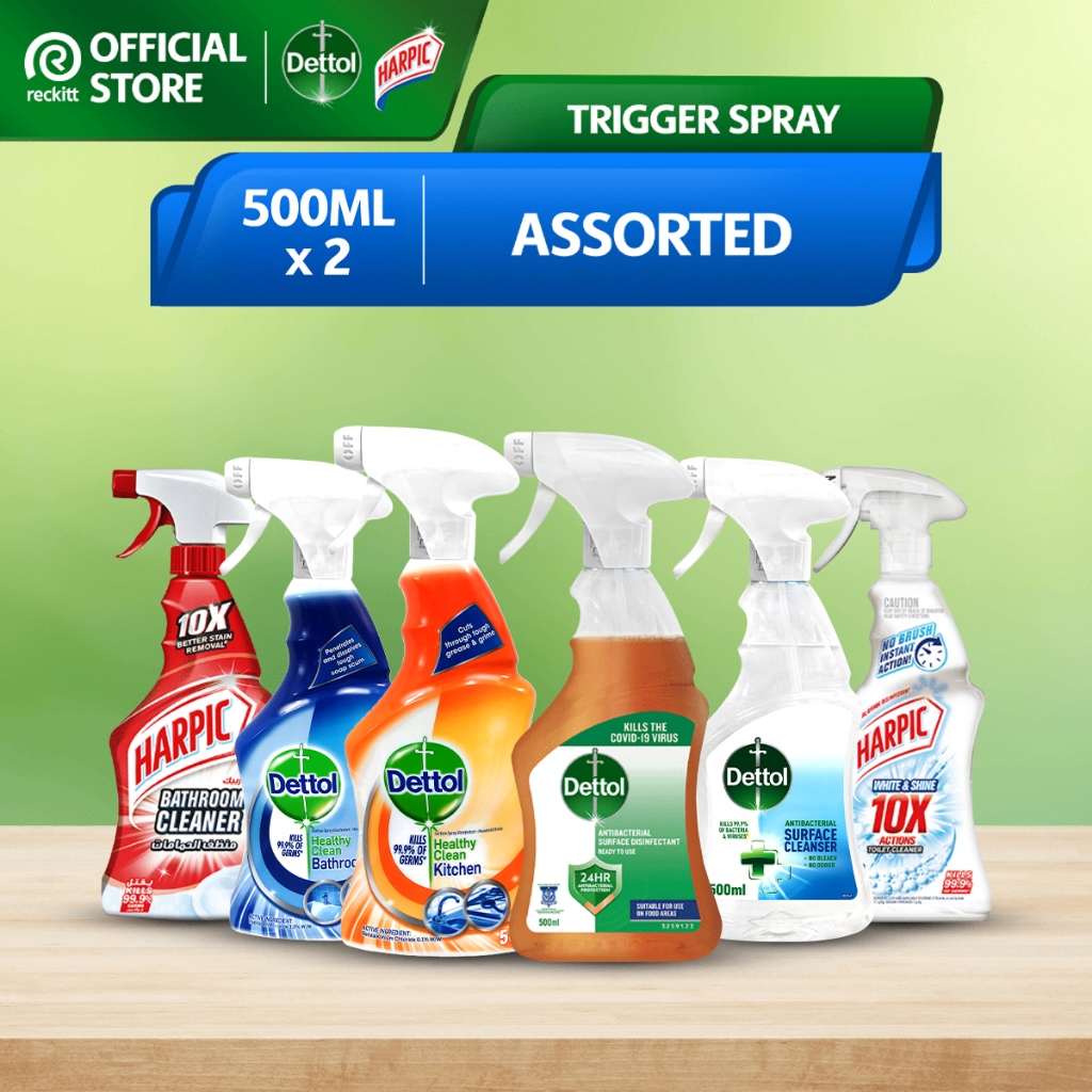 [Bundle of 2] Dettol and Harpic Trigger Spray 500ml (Kitchen, Bathroom ...