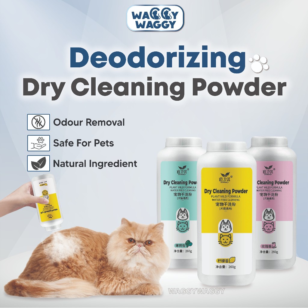 WaggyWaggy Dry Cleaning Powder Cat Dog Deodorizing Bath Grooming Cleansing Shower Shampoo Kucing ...