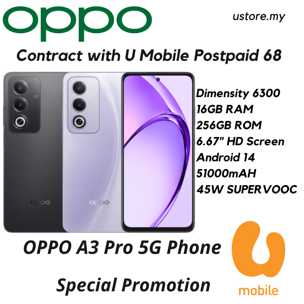 OPPO A3 Pro 5G Phone (16GB RAM +256GB ROM) Bundle U Mobile Postpaid 68 ...