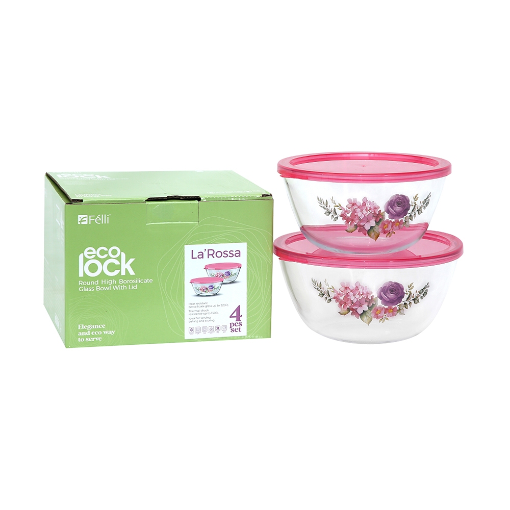 Felli Ecolock High Borosilicate Glass Round Bowl with Lid Set (4 Pcs ...