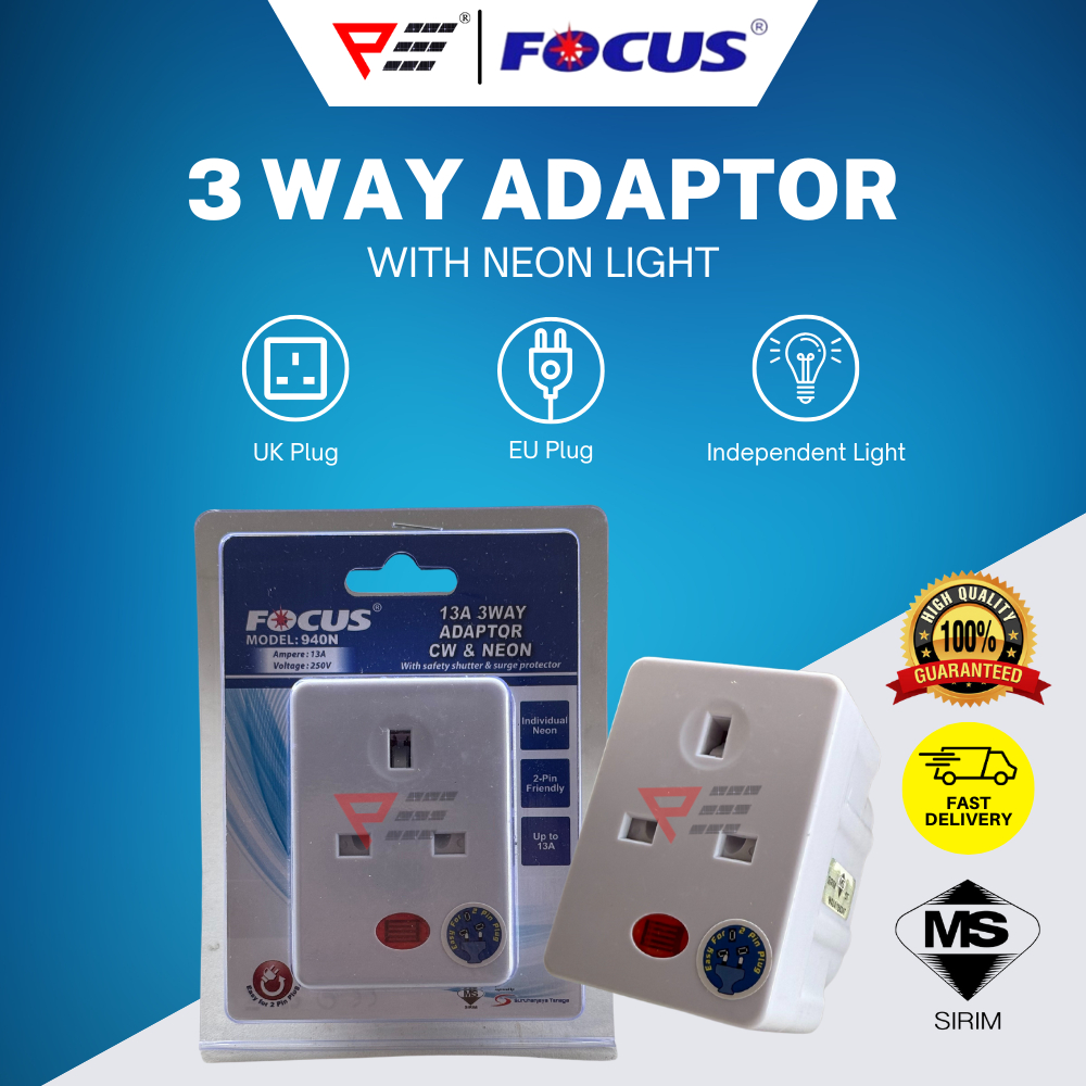 FOCUS ProSMK Fonemax 3 Way Adapter Switch Socket Plug Multi Adaptor ...