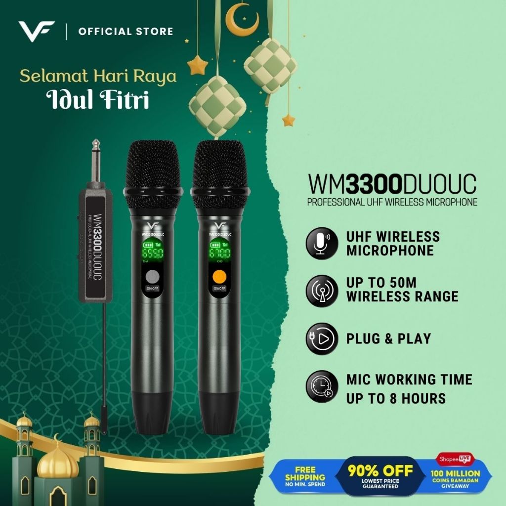 Vinnfier VF WM3300DUOUC Professional 2 UHF Wireless Microphone Plug ...