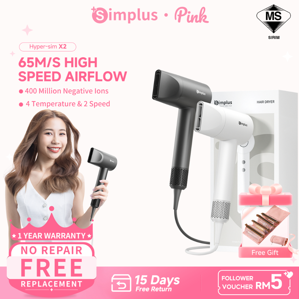 【SimplusPink】Simplus High Speed Hair Dryer 65m/S 3 Temperature 2 Wind Speeds 400 Million ...