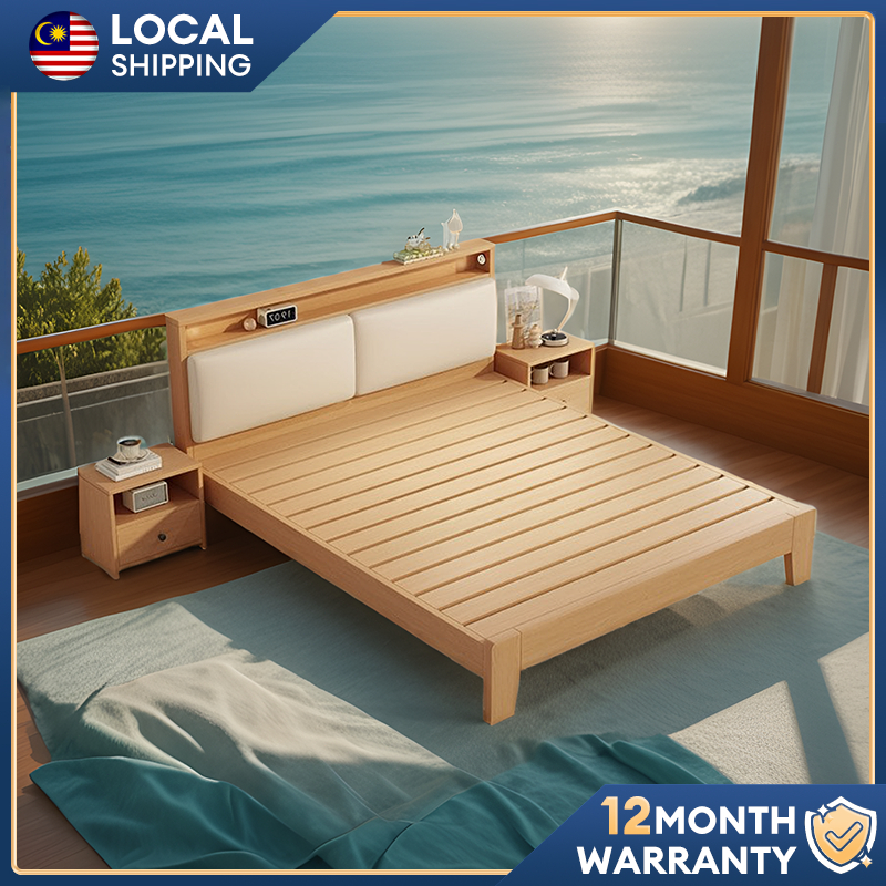 Katil Queen Solid Wood Bed Frame With Headboard Soft Package Wooden Bed ...