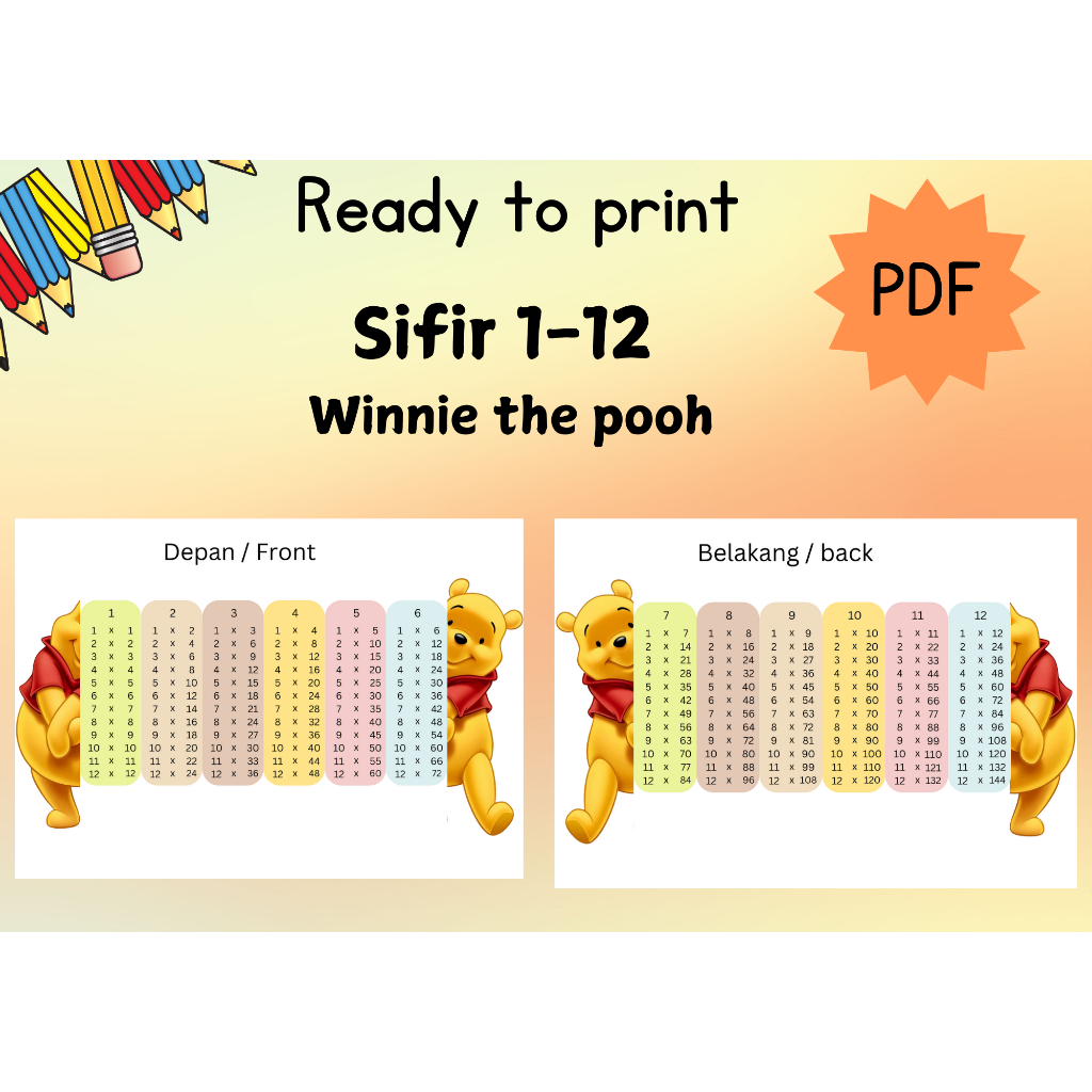 PDF | Winnie the pooh, Sifir 1-12, for kids, Printable | Shopee Malaysia