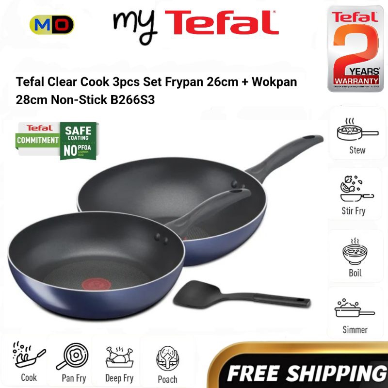 Tefal Clear Cook 3pcs set Non-stick cookware set B266S3 (Frypan 26cm + Wokpan 28cm + Small ...