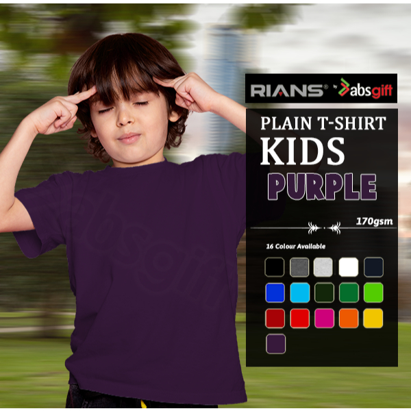 RIANS KIDS PURPLE Short Sleeve Plain Cotton Round Neck T-Shirt 170gsm ...
