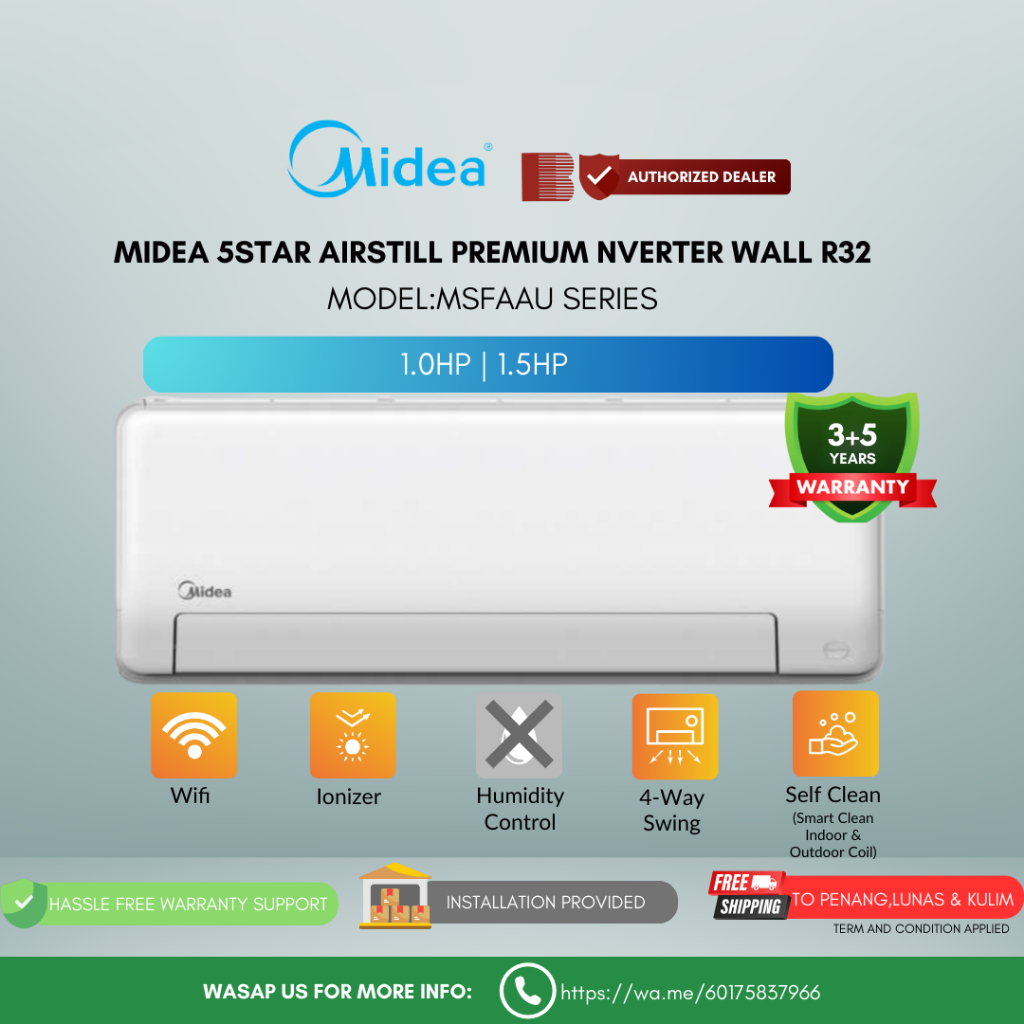 MIDEA WALL MOUNTED 5 STAR AIRSTILL PREMIUM INVERTER R32-MSFAAU SERIES | Shopee Malaysia