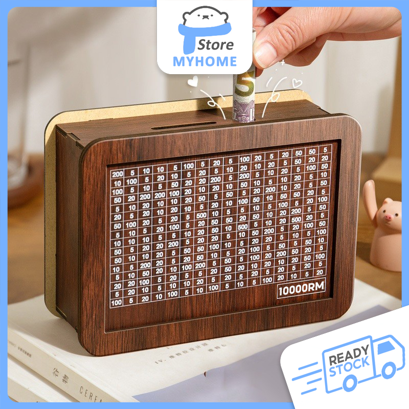 Modern Money Saving Box Wood Money Bank with number on the box Tabung ...