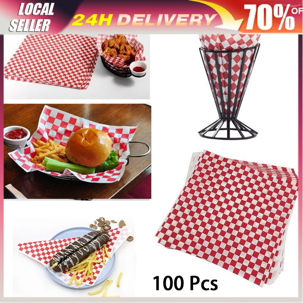 100 PCS Checkered Food Wrapping Papers checkered liner Red and White ...