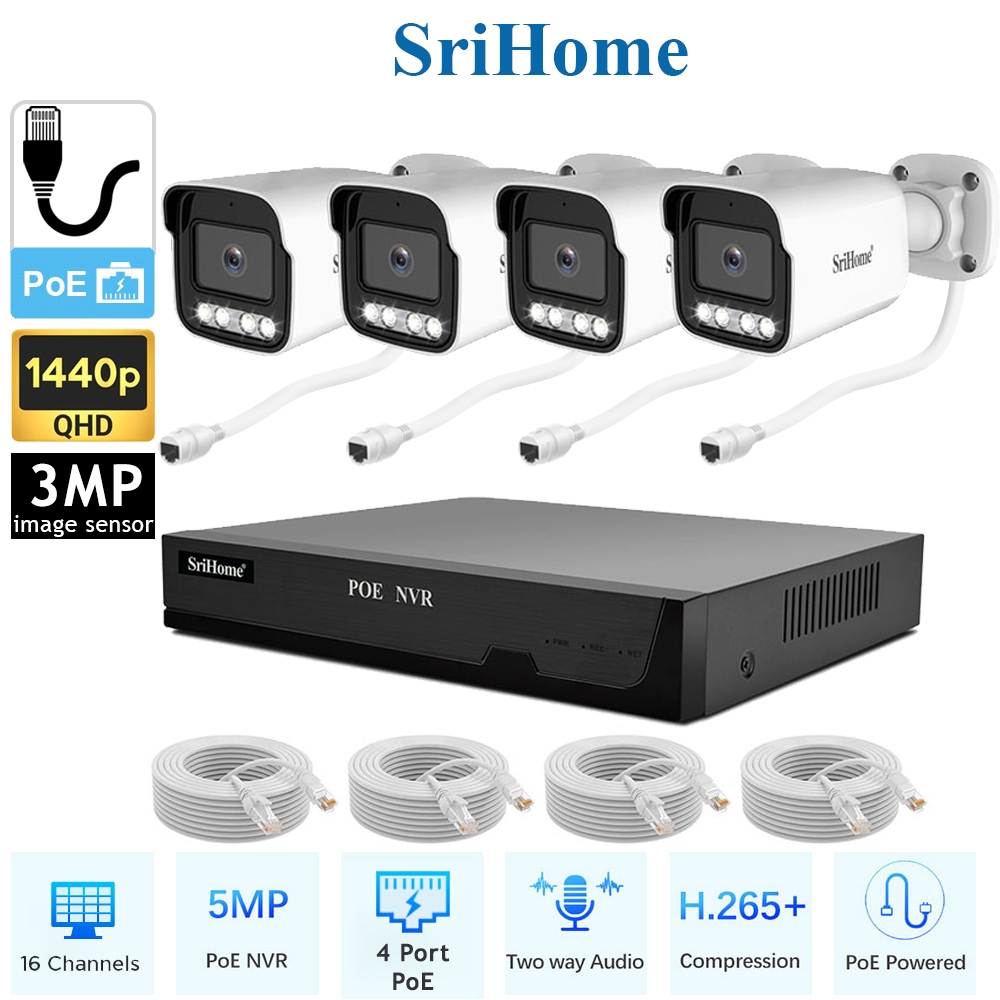 SriHome NVR 5MP 16CH 4-port PoE Network Video Recording System + 4pcs ...