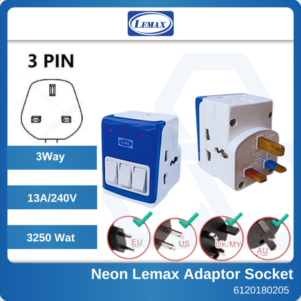 LEMAX 3 Way Adaptor Adapter Switches Extension Socket Switch Plug ...