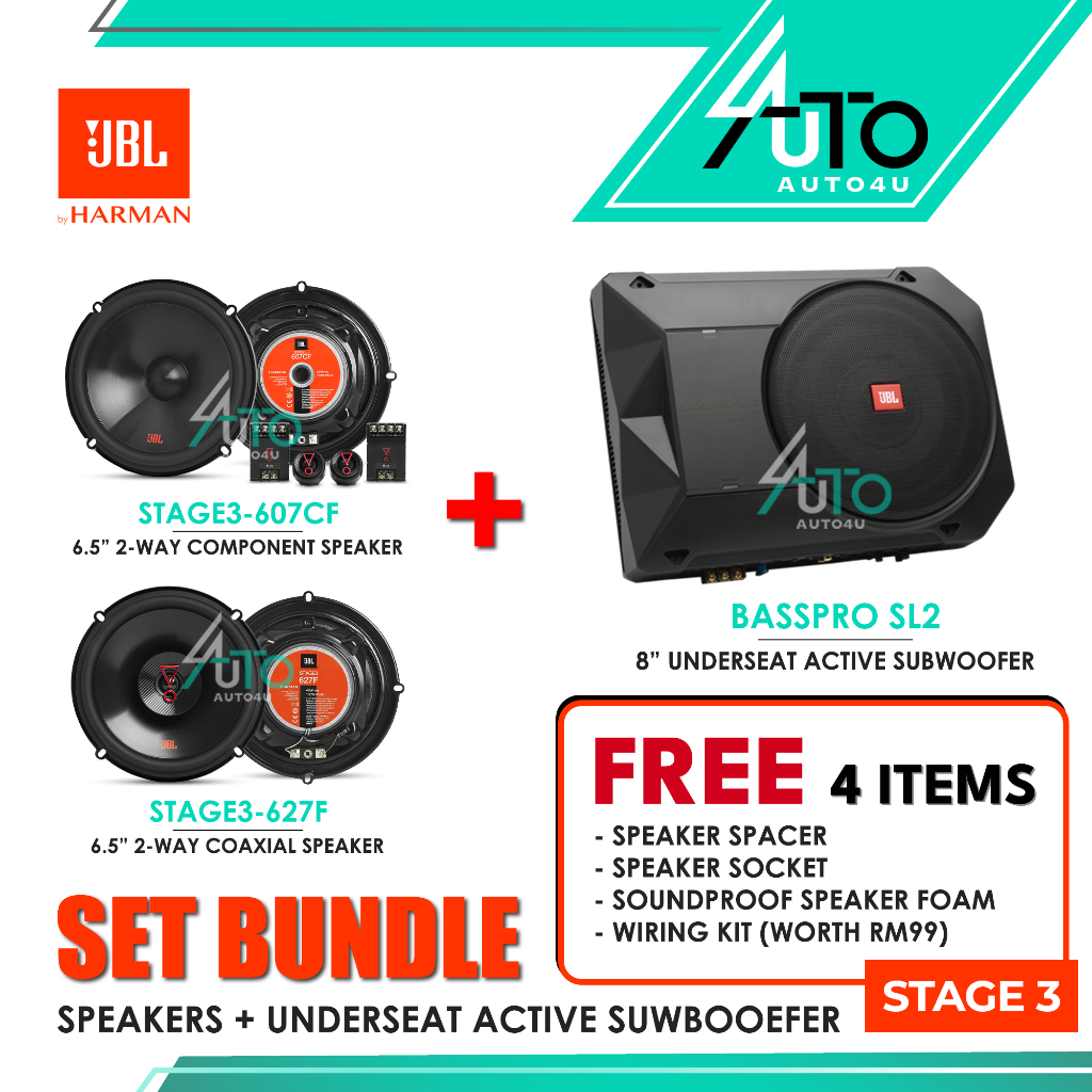 JBL Car Speaker Bundle Combo Set JBL Stage 3 + JBL Active Subwoofer ...