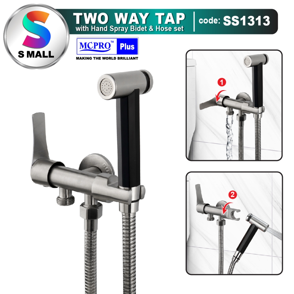 MCPRO Stainless Steel SUS304 Bathroom Faucet TWO WAY TAP with HAND BIDET SPRAY HOSE SET (SS1313 ...