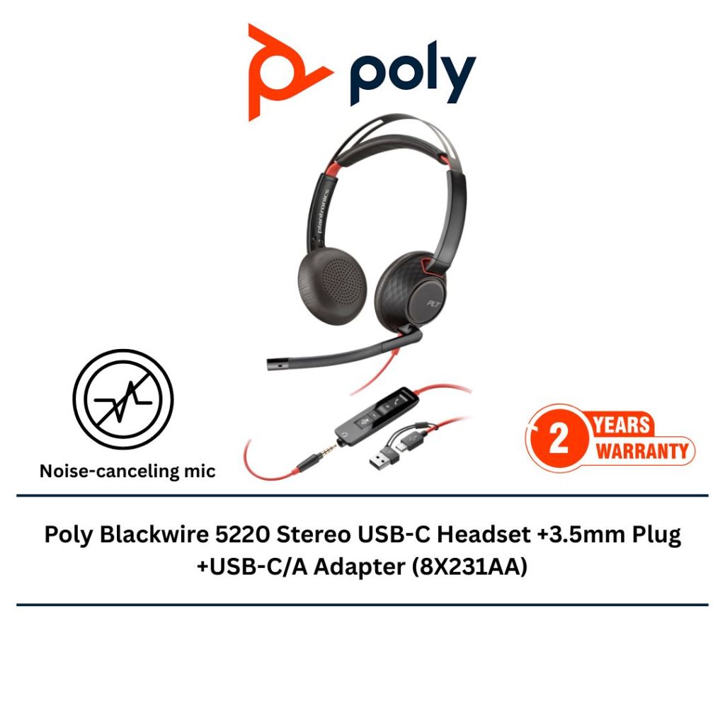 Poly Blackwire 5220 Stereo USB-C Headset +3.5mm Plug +USB-C/A Adapter ...