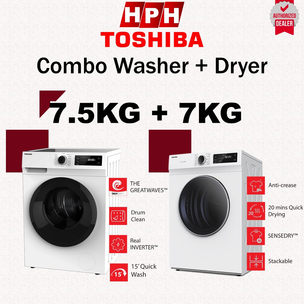 Toshiba Combo (7.5kg / 8.5kg / 9.5kg) Front Loading Washer and 7KG Dryer Package Bundle TD ...