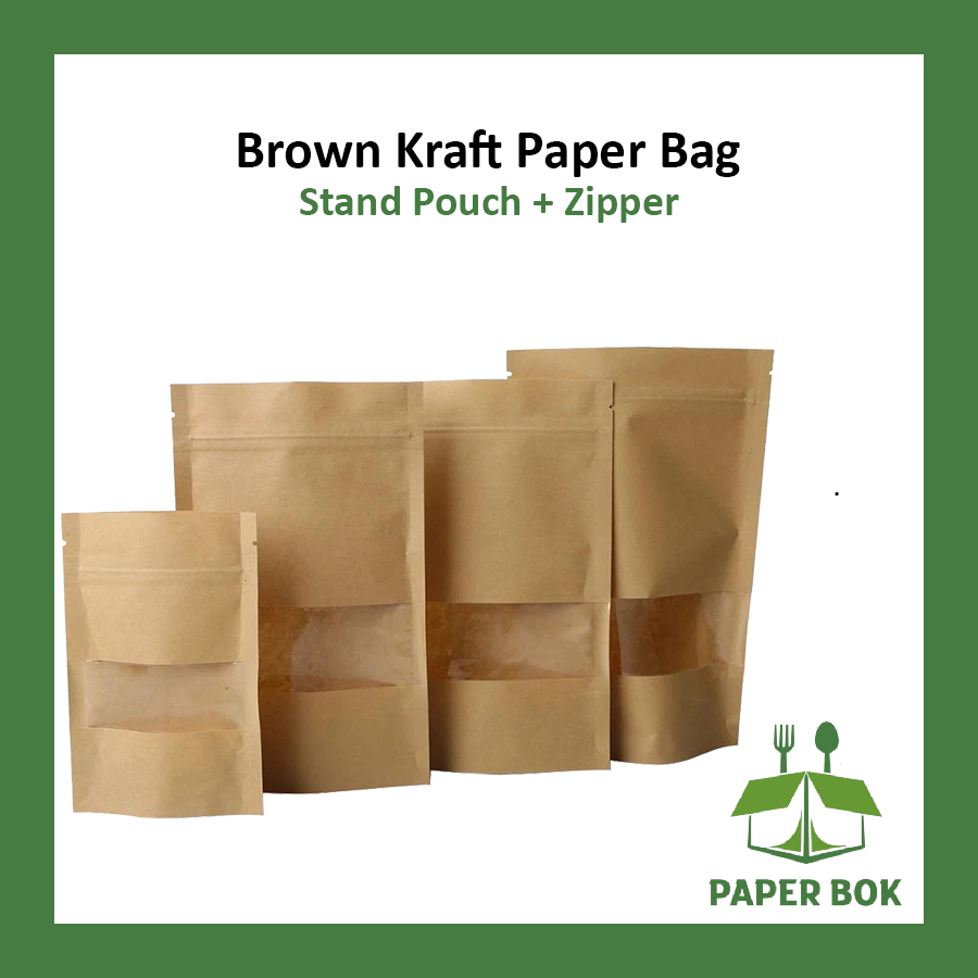 Beg Kertas (50 PCS) Brown Kraft Paper Bag Stand Pouch Zip Lock with ...
