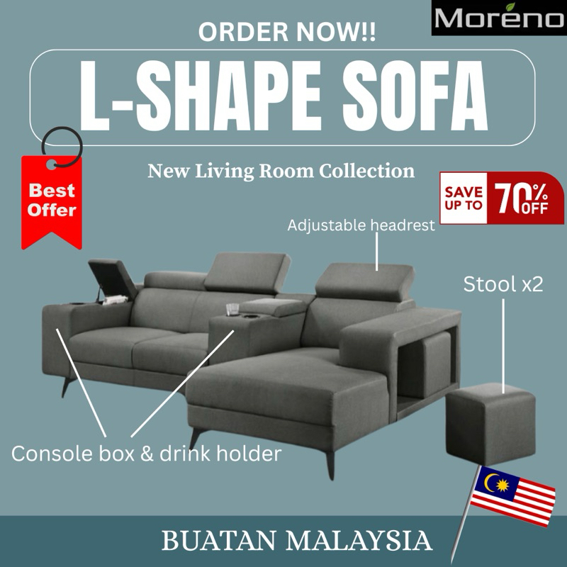 [ FREE INSTALLATION ] Grey L Shape Sofa with Tea Cup Holder and Stool ...