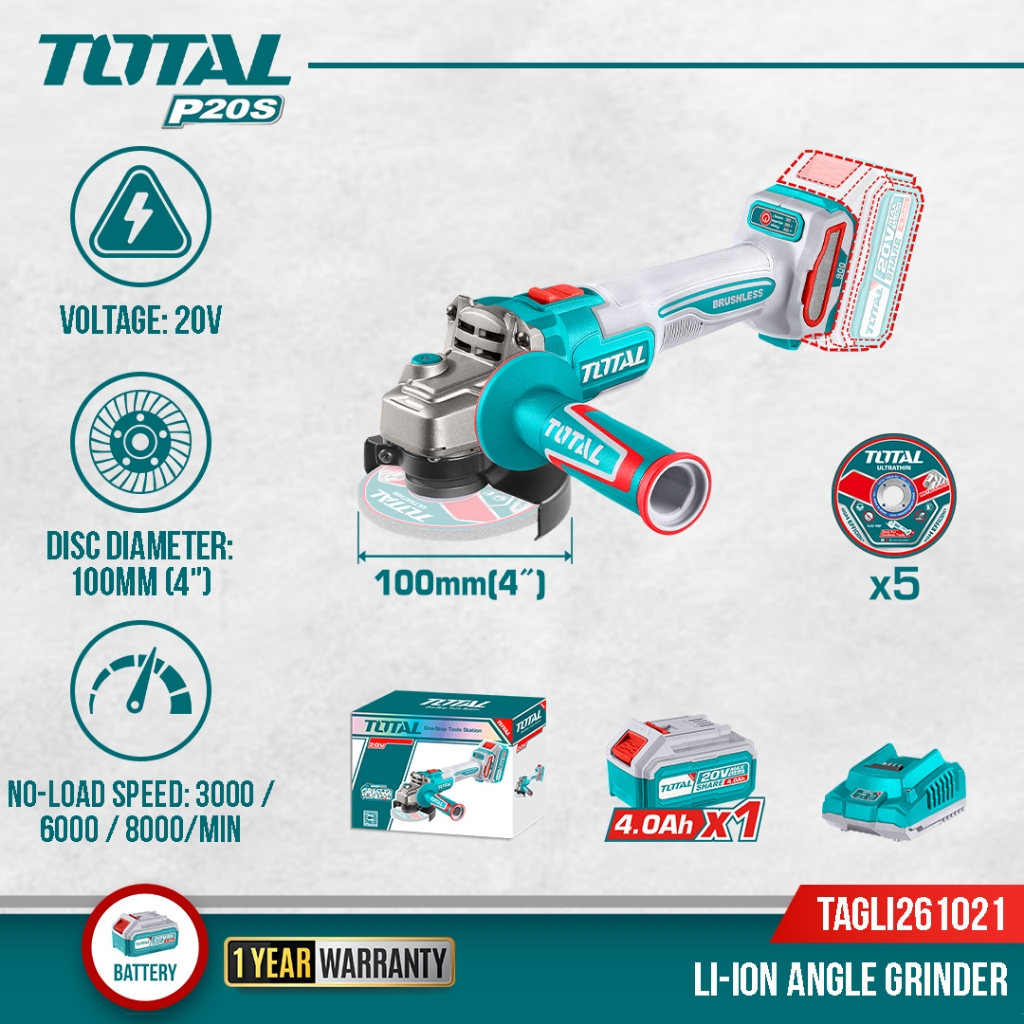 TOTAL Li-ion Angle Grinder (4"/20V) Brushless Motor + Battery + Case ...