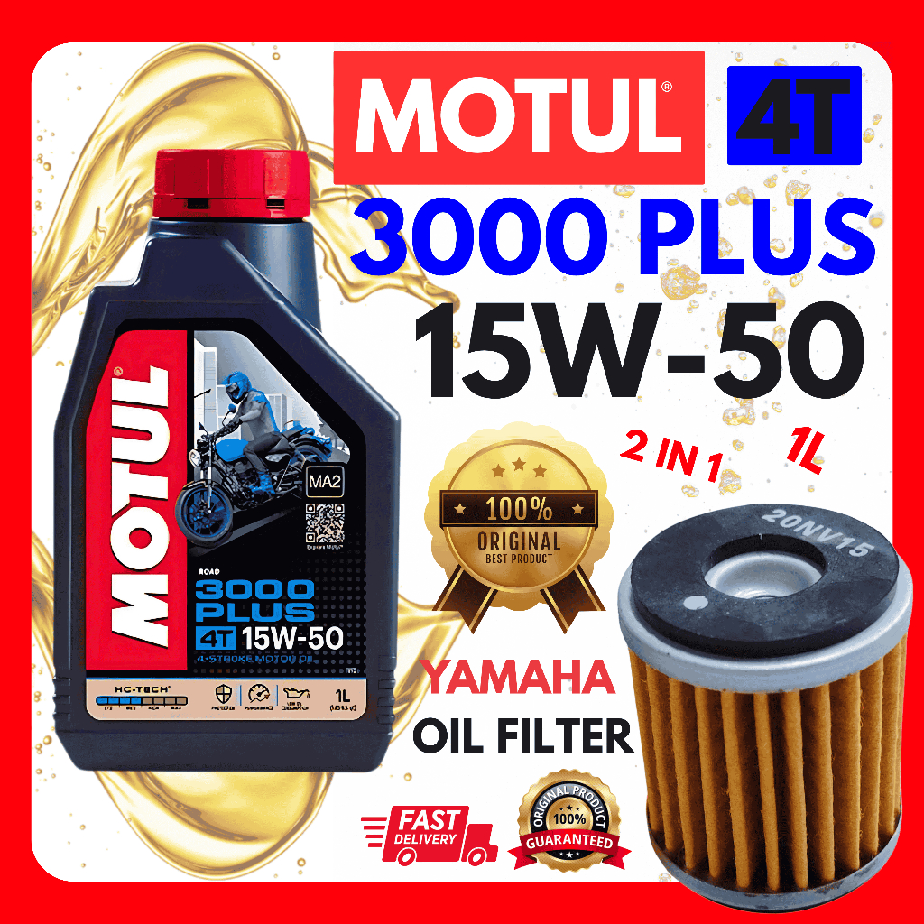 MOTUL ENGINE OIL 3000 PLUS 4T 15W-50 1 LITER AND YAMAHA OIL FILTER FULL ...