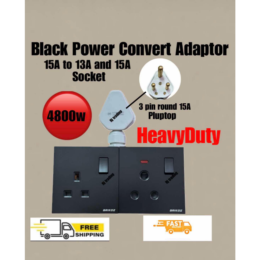 BRIKOZ BLACK POWER CONVERT ADAPORT 15A TO 13A AND 15A SOCKET PLUG WALL ...