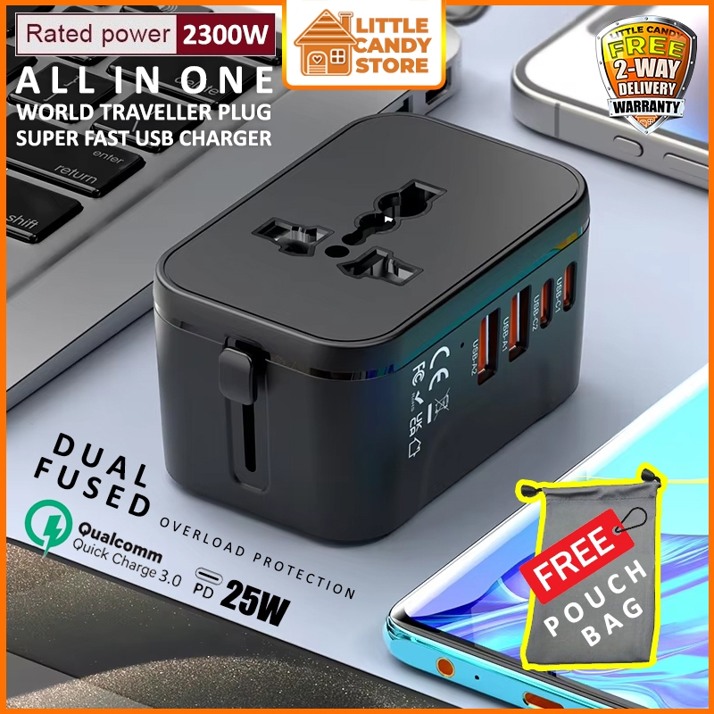 2300W Universal Adapter Power Socket AC Plug PD25W Fast Charging 4 USB Charger for International ...