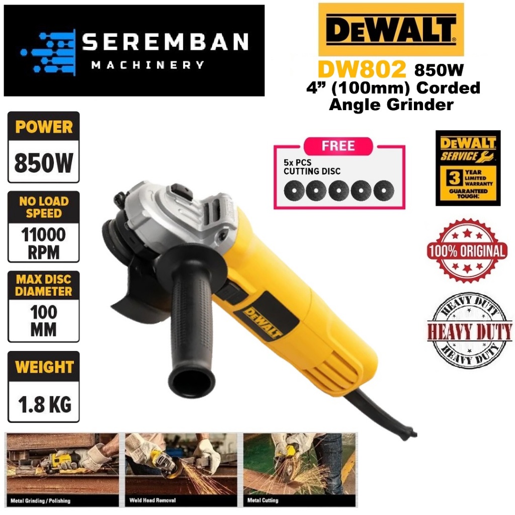DEWALT DW802 ANGLE GRINDER 4" 850W 220-240V 100MM 1100RPM CORDED ...