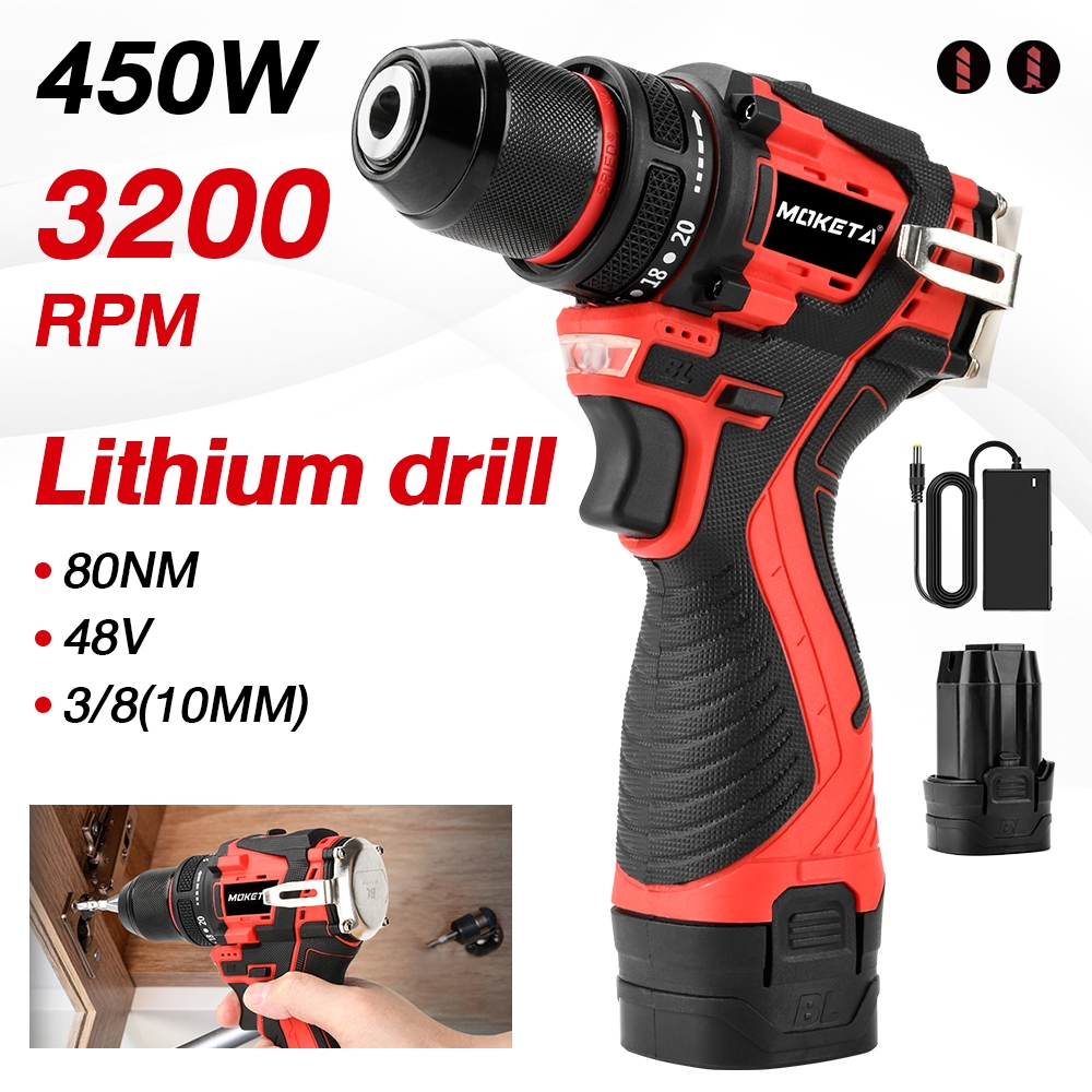 Brushless Cordless Drill 48V Rechargeable Screwdriver w/ 2 Battery ...