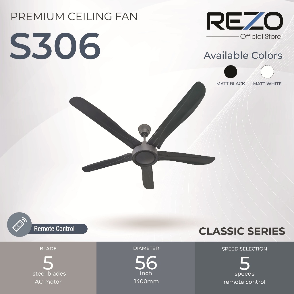 REZO Classic Series 56" 5 Blades AC Motor Ceiling Fan With Remote ...