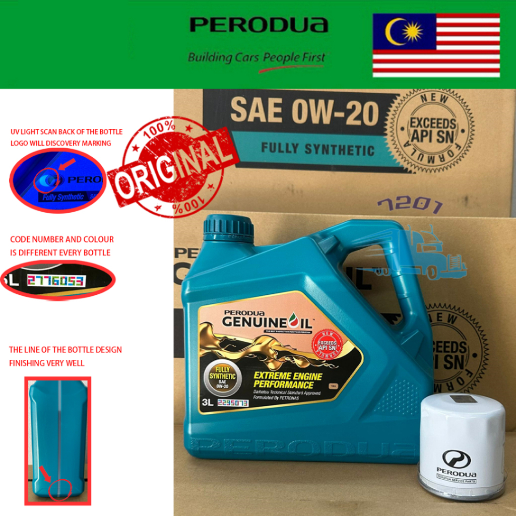 100%Original PERODUA AXIA FULLY SYNTHETIC ENGINE OIL (3L) SAE 0W20 + ORIGINAL OIL FILTER ...