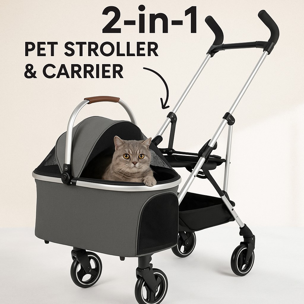 Premium 2-in-1 Pet Stroller + Carrier Trolley Cat Walker Cart 4 Wheels ...