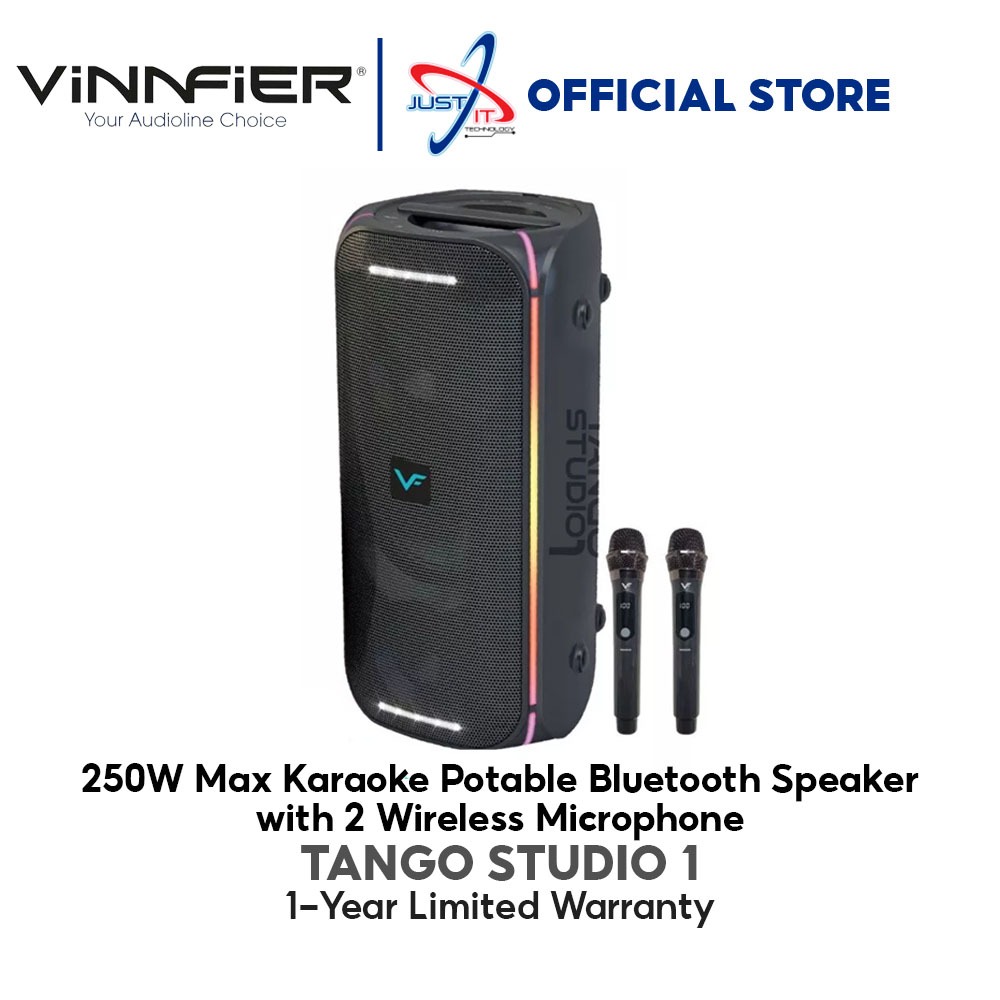 VINNFIER TANGO STUDIO 1 250W MAX KARAOKE PORTABLE BLUETOOTH SPEAKER WITH 2 WIRELESS MICROPHONE ...