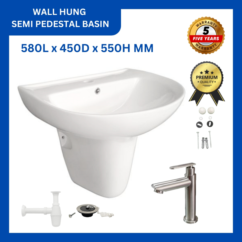 BATHROOM SEMI PEDESTAL WALL HUNG BASIN 580 x 450 MM GLOSS WHITE COMES ...