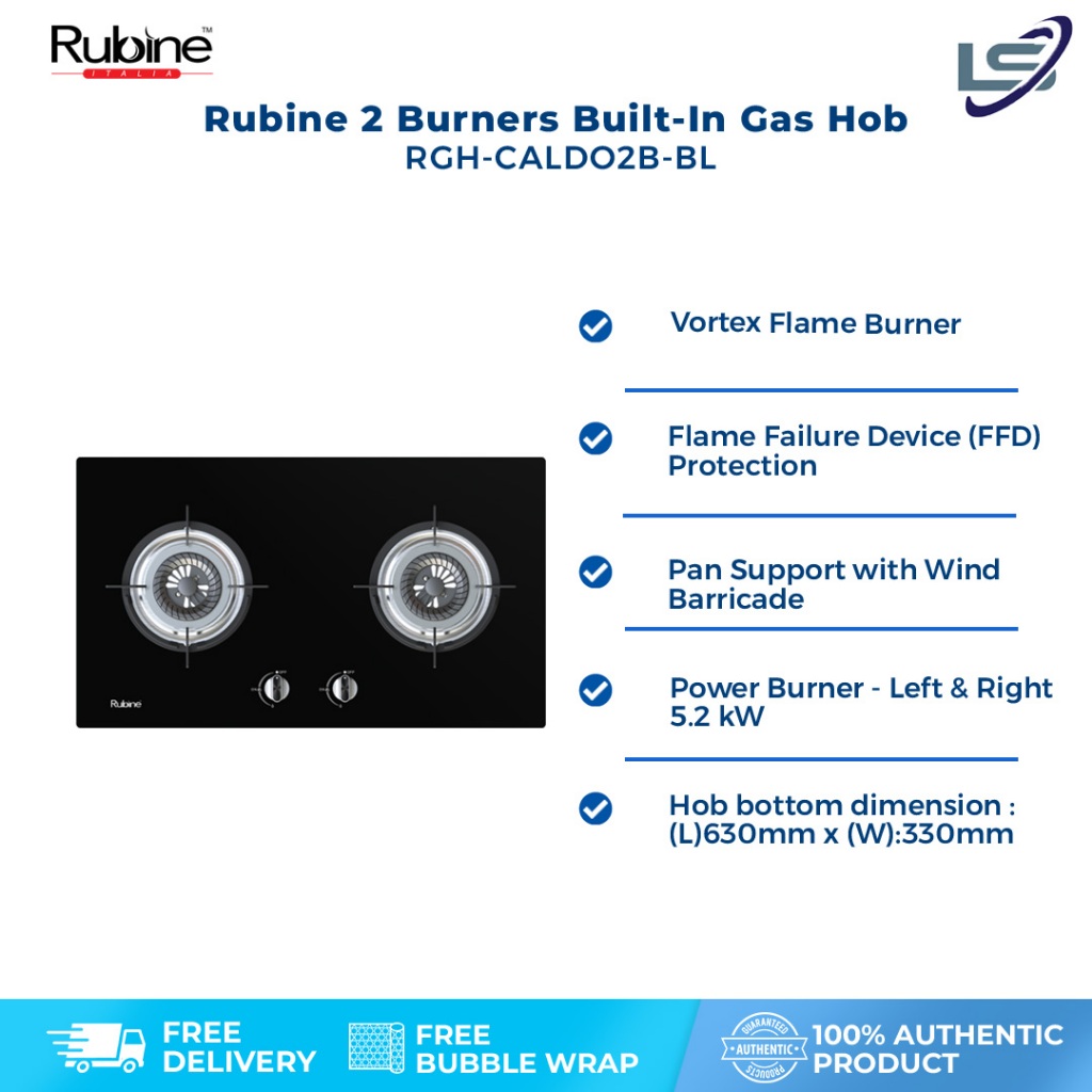 Rubine 2 Burners Built-In Gas Hob | 5.2kW High Flame Power | Flame ...