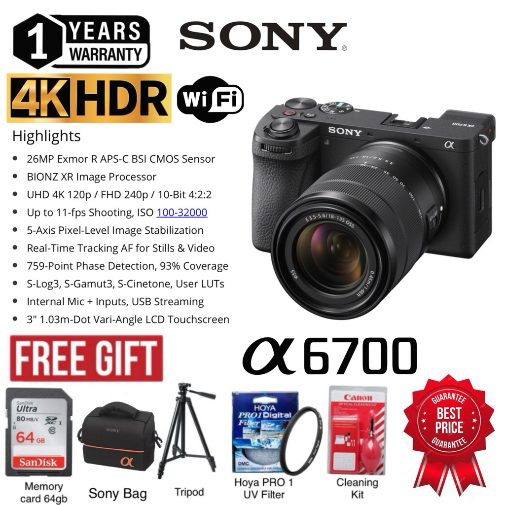 (NEW)SONY A6700 18-135MM FULL PACKAGES WIFI 4K 26MP CINEMATIC VIDEO UHD ...