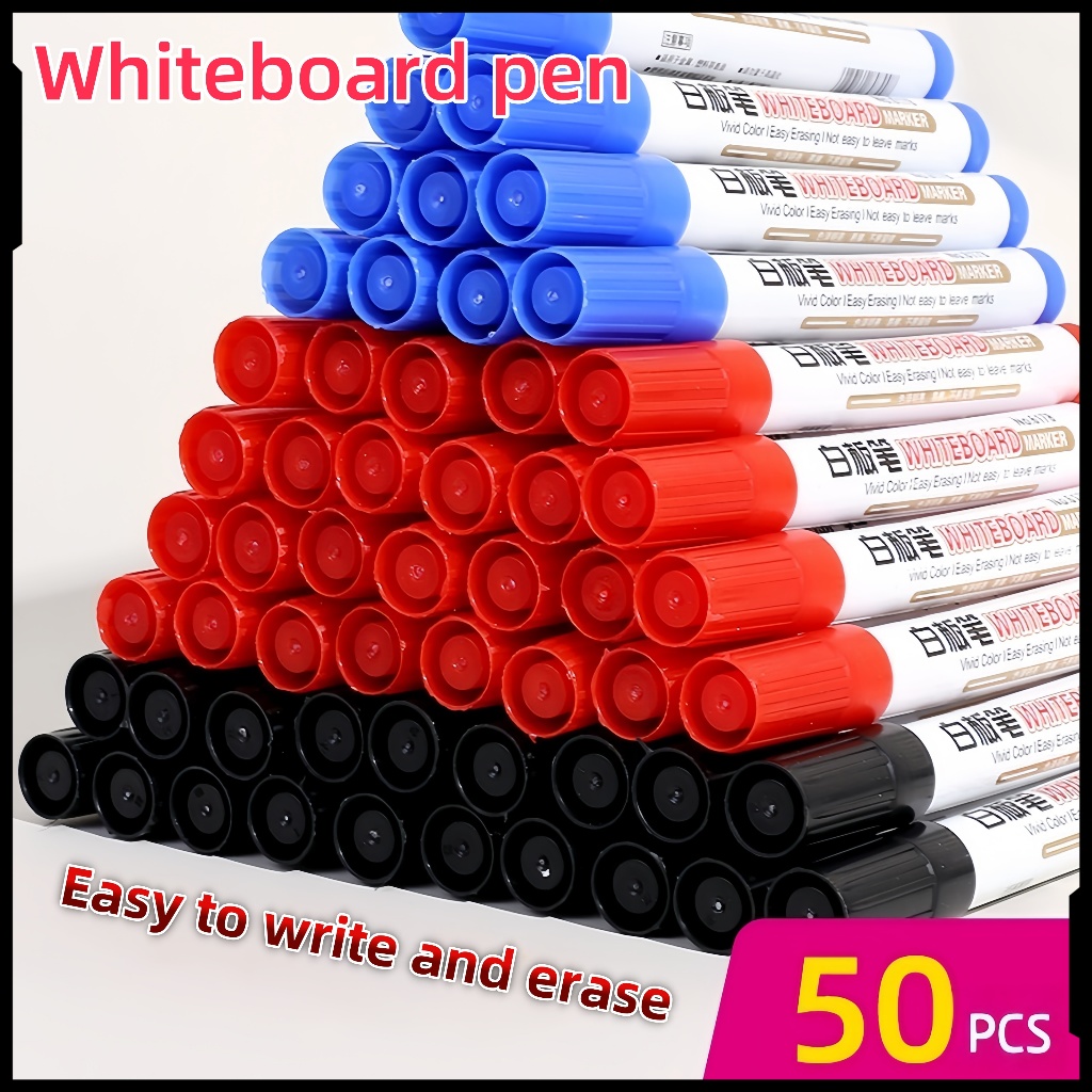 50 pcs Whiteboard Marker Pen Red Blue Black Erasable Marker Pen papan ...