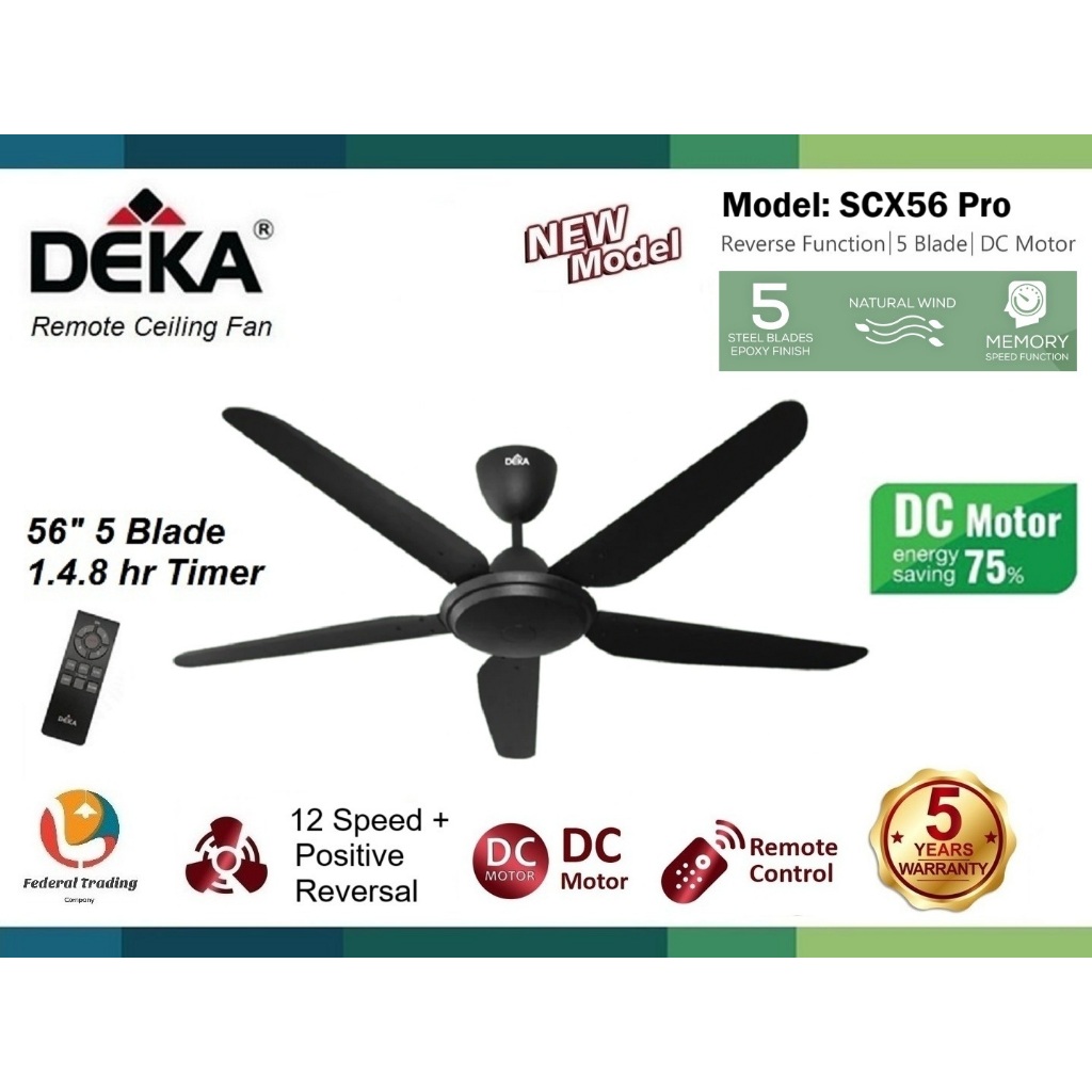DEKA SCX56 Pro Remote Ceiling Fan 12 / 7 Speed DC Motor 56" 5 Metal ...