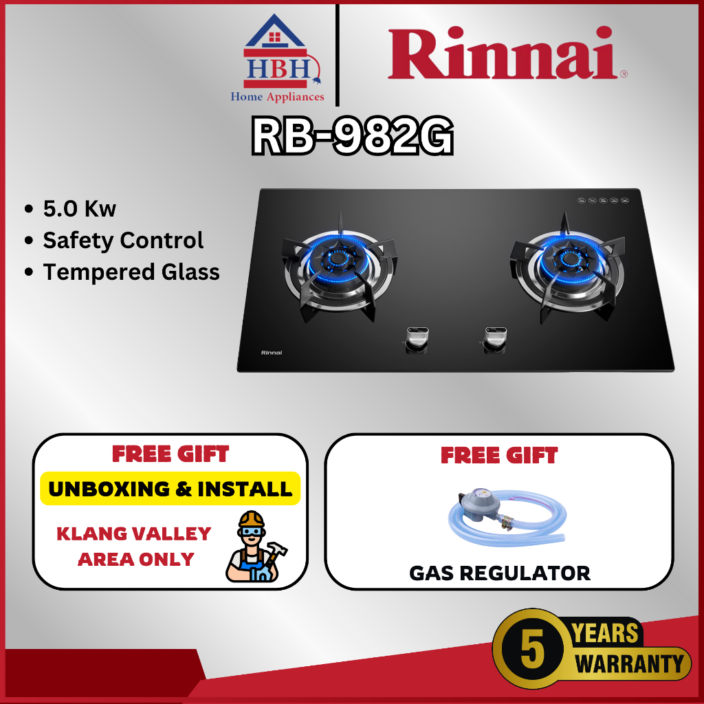 【FREE INSTALL】Rinnai RB-982G | 2-Burner Flexi Hob Built-in Gas Hob (Glass) |5.0kW Gas Input ...