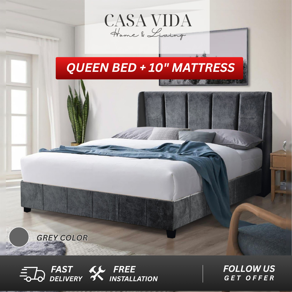 FREE INSTALL Grey Bedframe Queen bed | Katil queen king single super ...