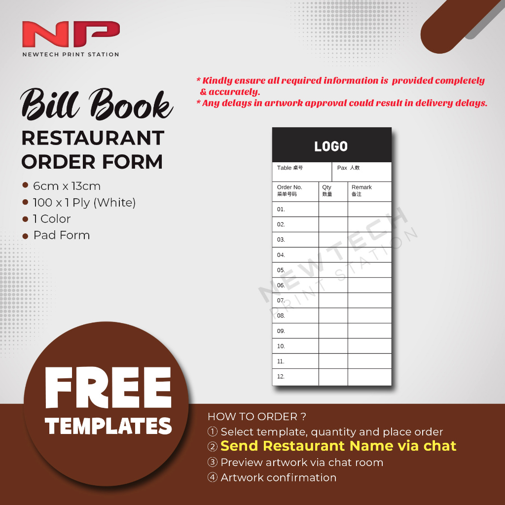 6CM X 13CM Order Chit / Restaurant Order Form / Kertas Menu Restoran ...