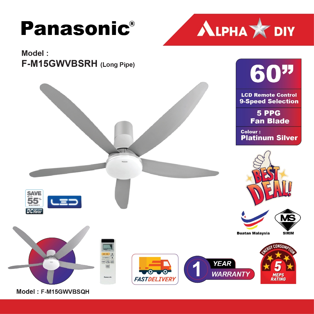 Panasonic 60" 5 Blades LED Ceiling Fan (Short/Long Pipe) DC MOTOR | F ...