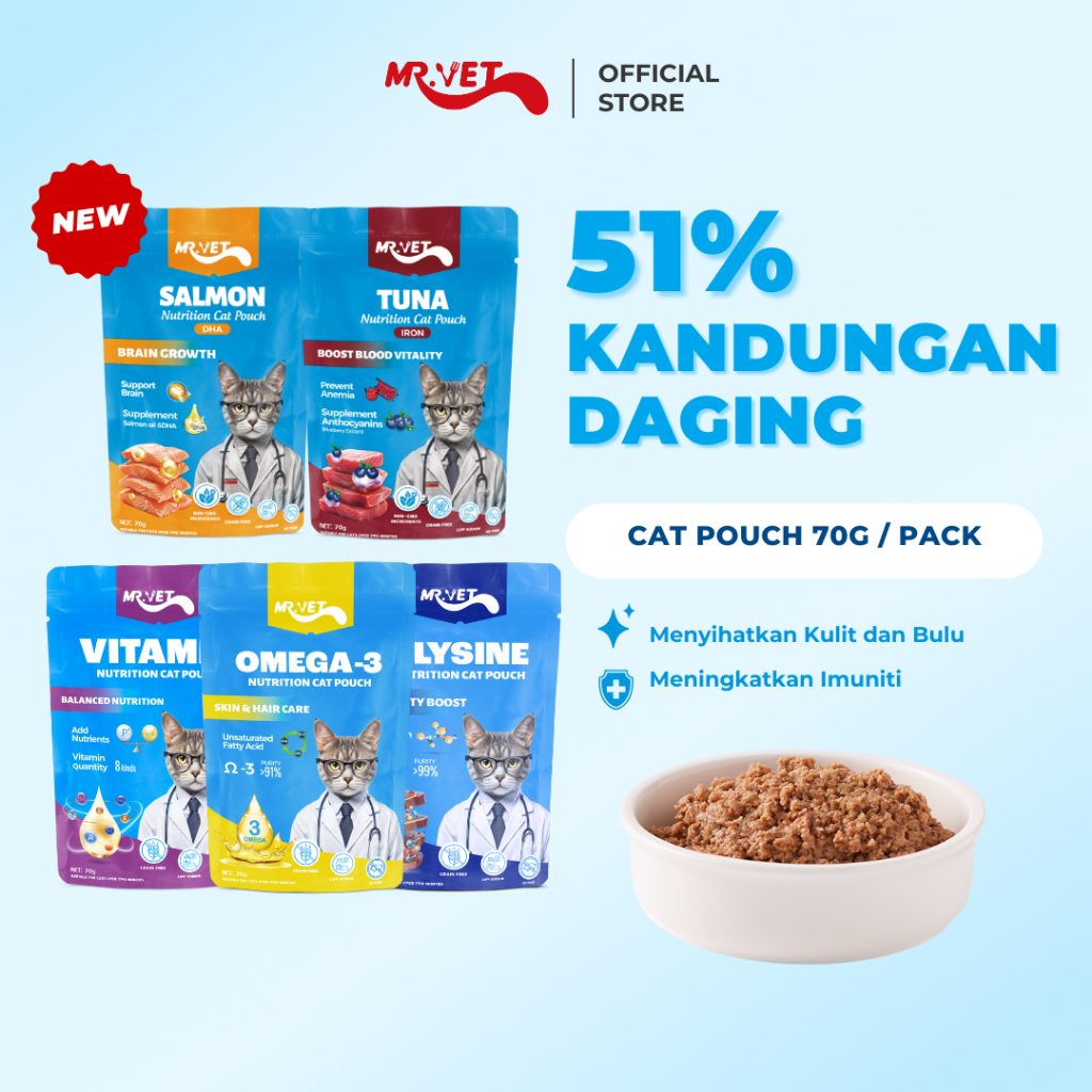 MR.VET Cat Pouch Cat Food 70G L-Lysine,Vitamin, Omega-3, Salmon,Tuna ...