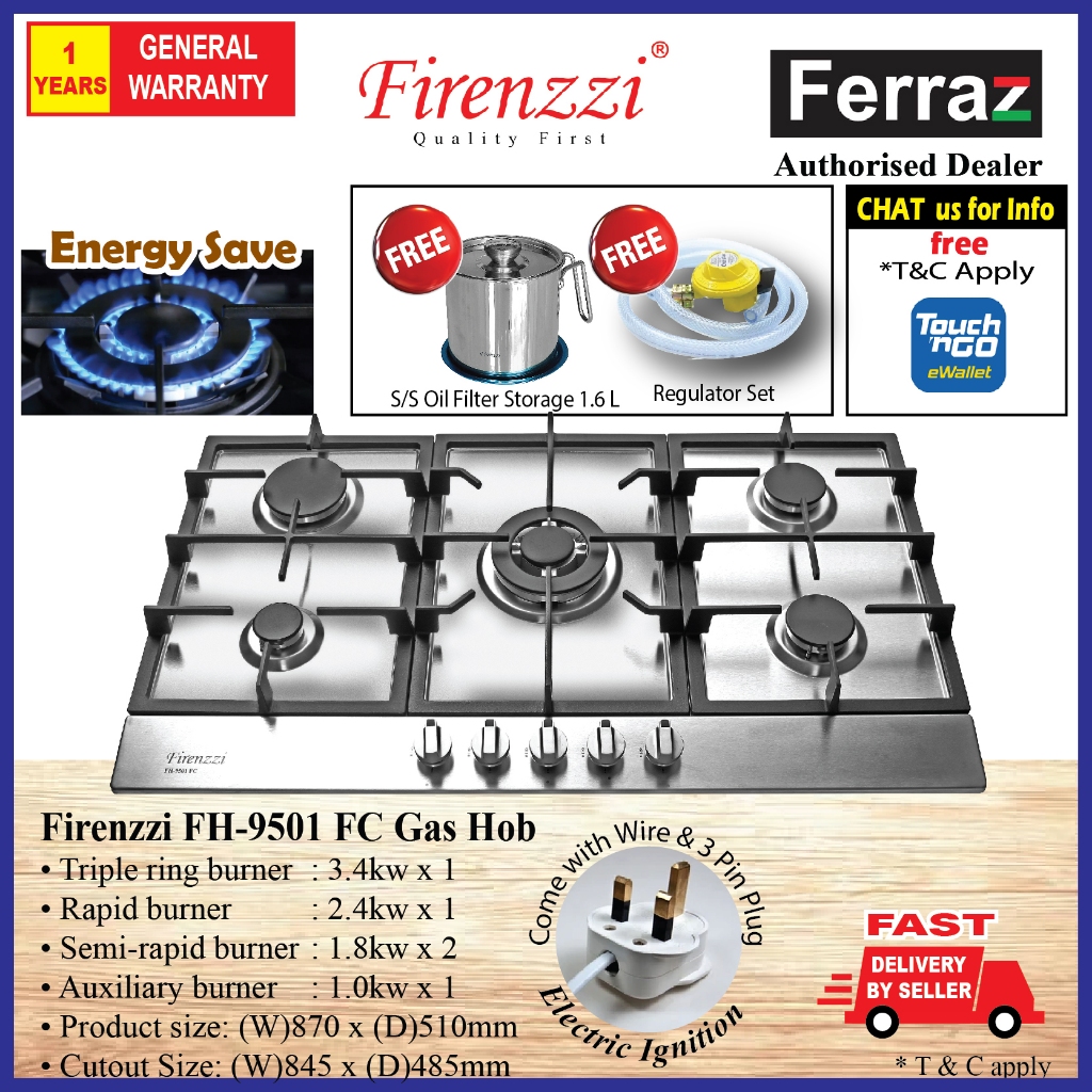 Firenzzi FH-9500SS 5 Burner Stainless Steel Gas Stove / Firenzzi FH-9501FC / FH-9502SC / FH ...
