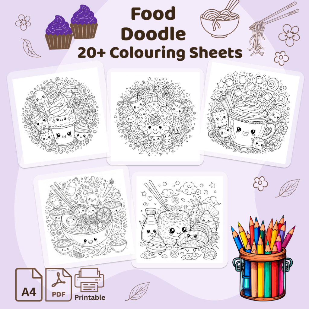 20+ Cute Food Doodles Coloring Sheets (PDF) - Printable For Kids Adults ...